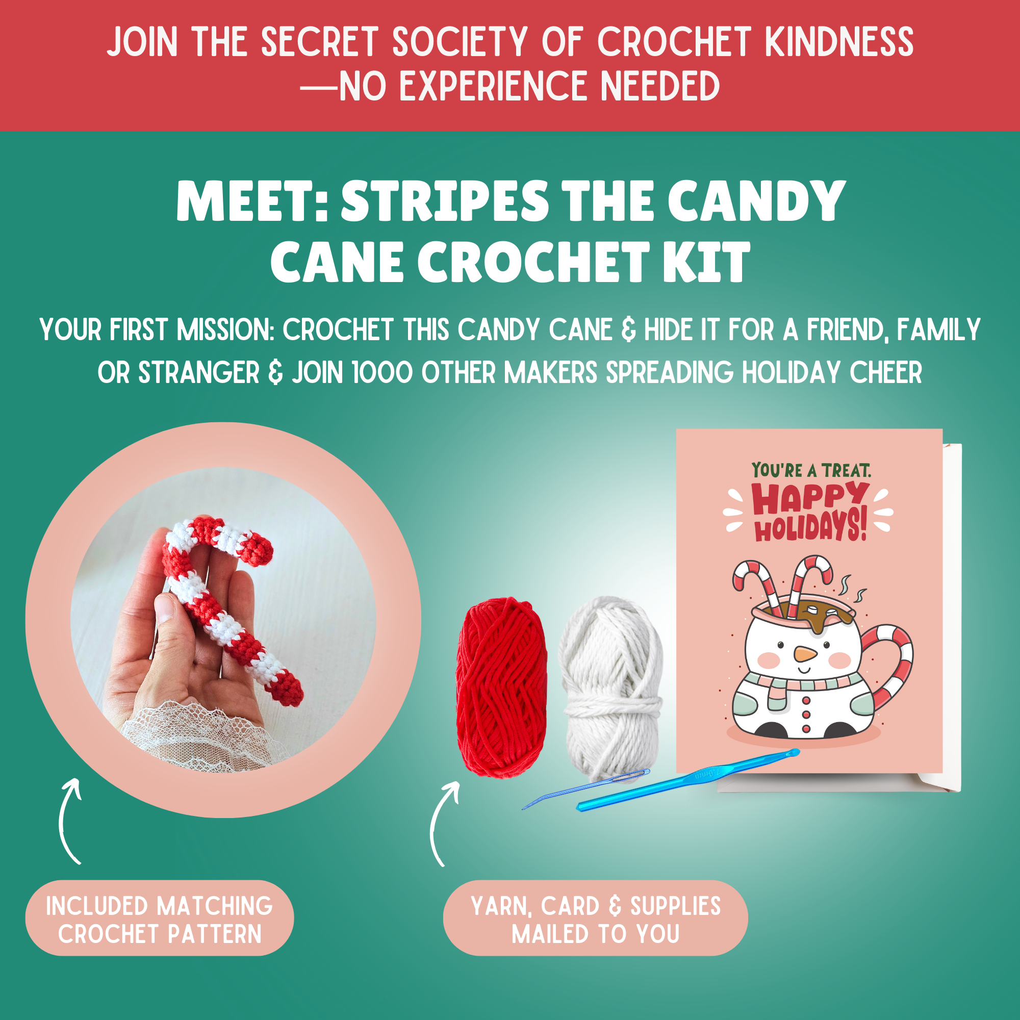 Crochet Kit: Candy Cane Yarn & Card Kit – The Kindness Company